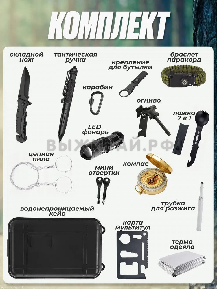 Наборы для выживания (НАЗ, EDC): Набор выживания в кейсе (15 предметов)